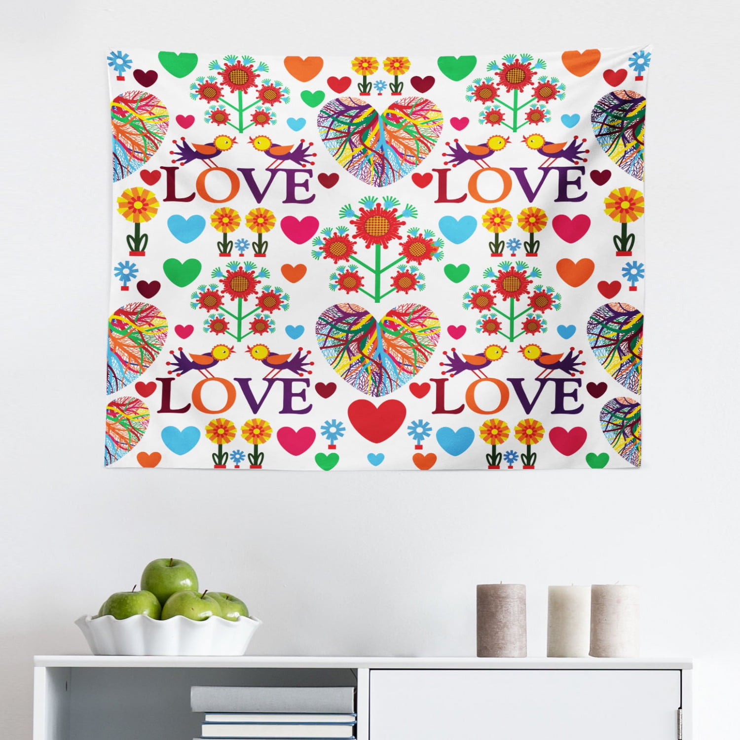 Love Tapestry, Hearts Retro Painted Ornamental Love Shapes Simple ...