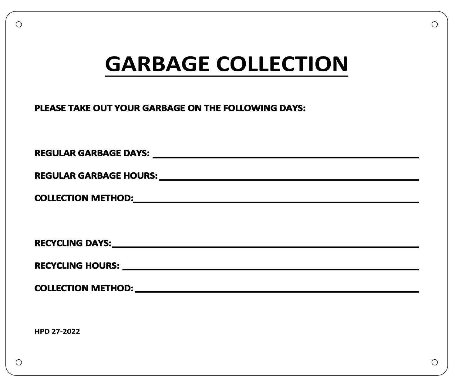 GARBAGE COLLECTION SIGN (Aluminum SIGN) - Walmart.com