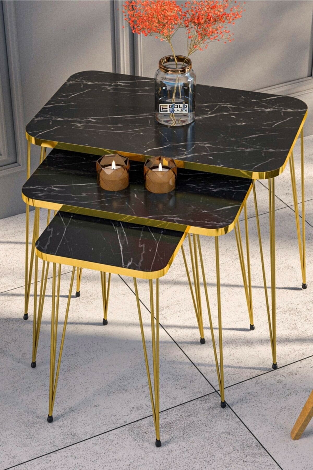 Black Marble Nesting Coffee Table with Gold 3-Rod Metal Legs,Rectangular Set of 3 End Tables for ...