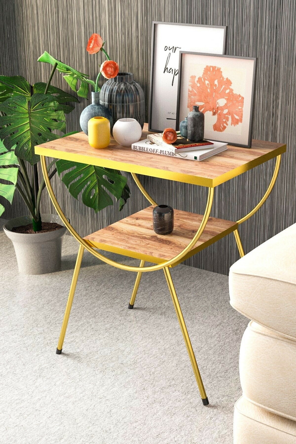 Walnut Side Table with Gold Metal Legs, Modern Style Nightstand, Modern ...