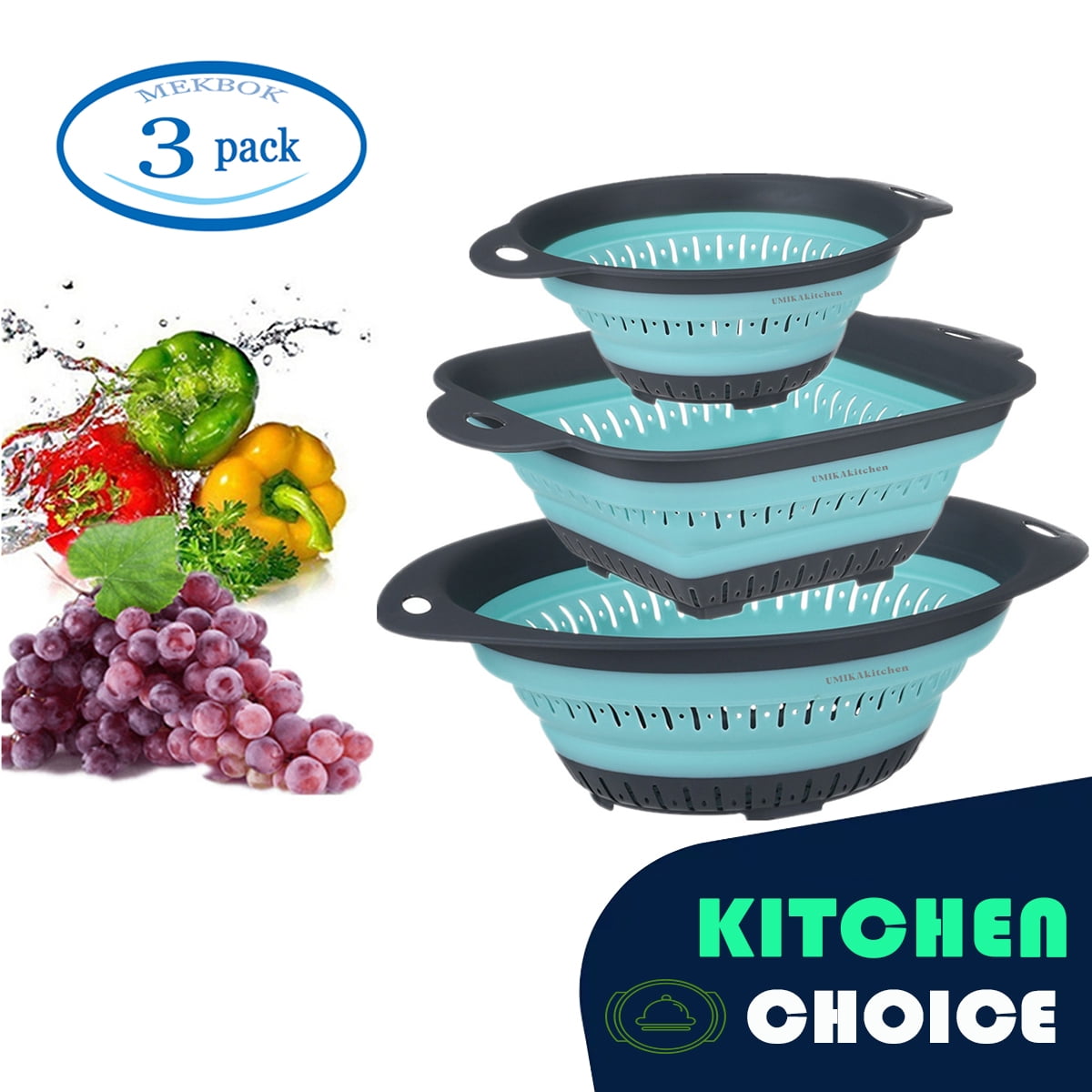 MEKBOK silicone collapsible colander 3-piece set, dishwasher safe ...