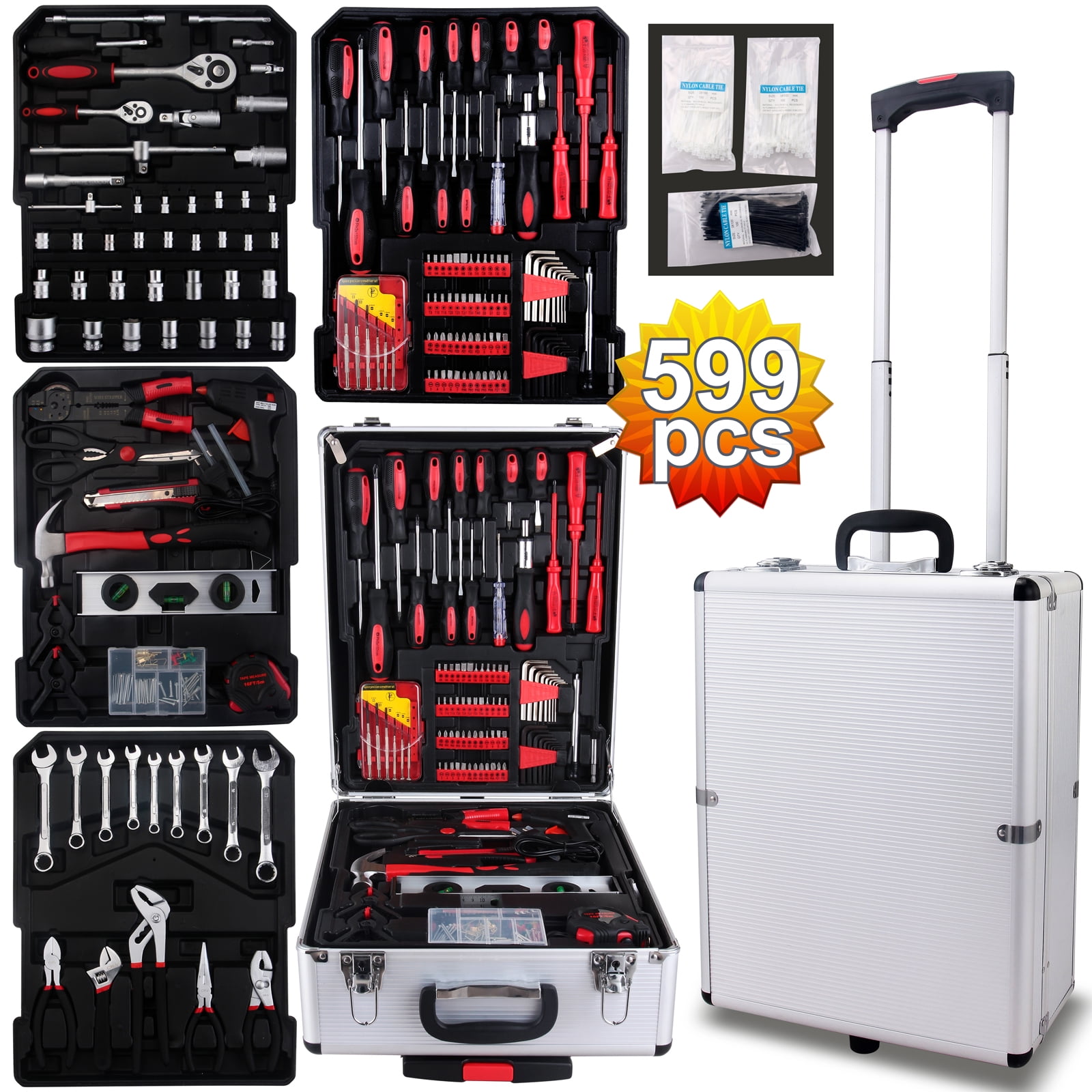 Uenjoy 599 pcs Tool Set Trolley Standard Metric Mechanics Kit Case Box ...