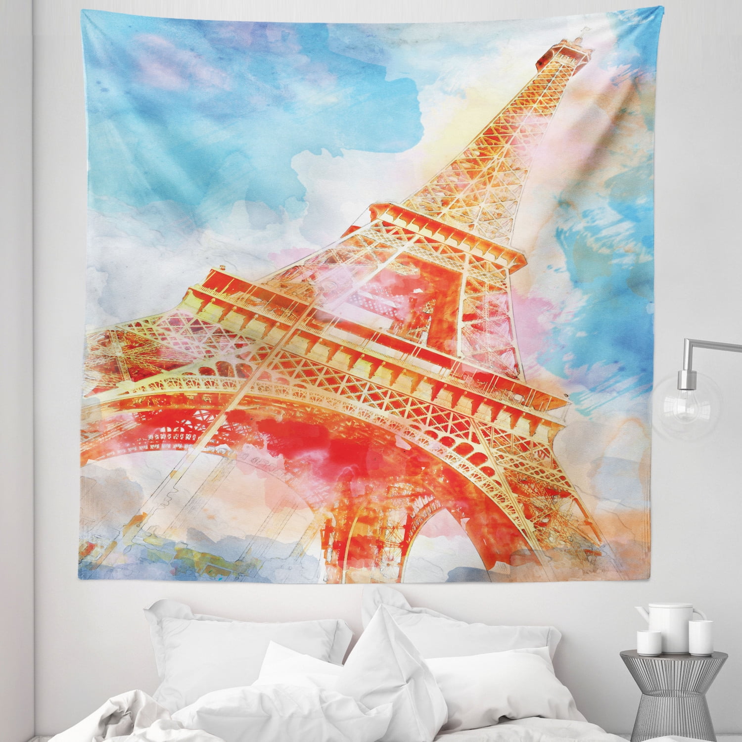 Colorful Tapestry, Watercolor Painted Linework Eiffel Tower Landmark ...