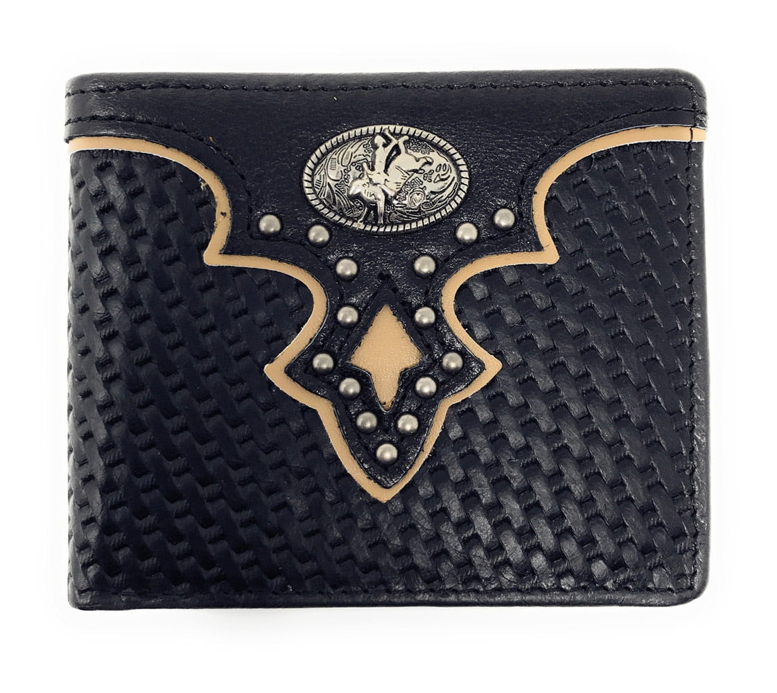 Western Cowboy Genuine Woven Leather Metal Tooled Rodeo Mens Bifold ...