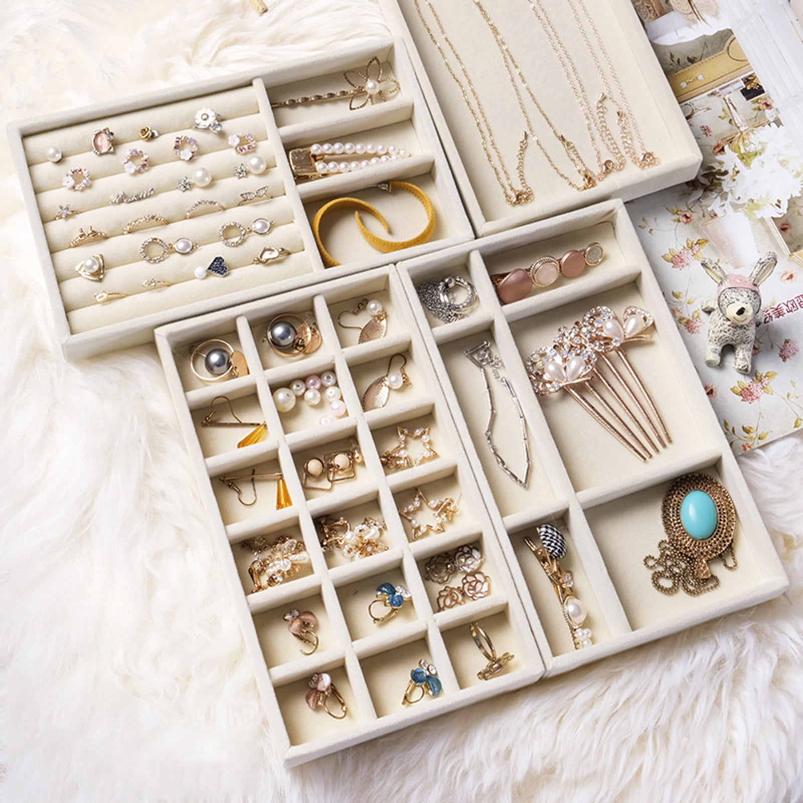 Wirlsweal Multi-grids Jewelry Display Box Dustproof Wood Easy to Clean ...