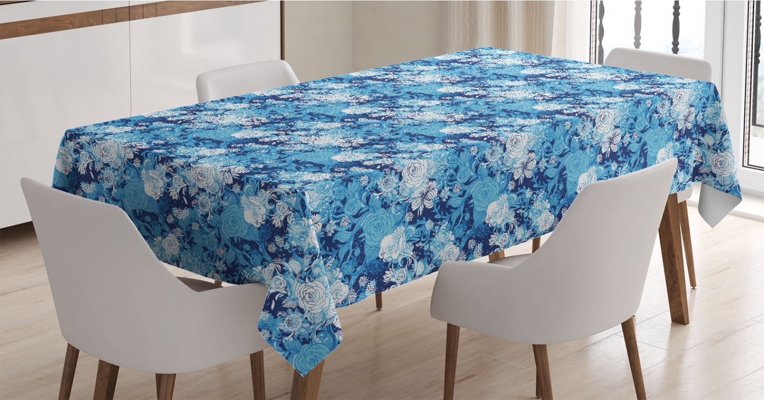 Flower Tablecloth, Continuous Pattern of Blue Color Palette Roses ...