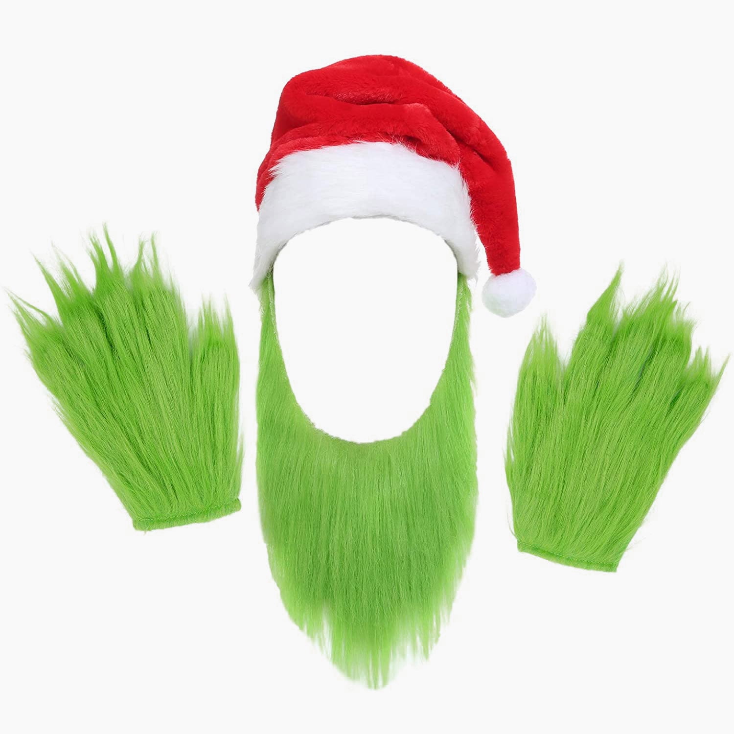 Buy Aunavey Grinch Beard Santa Hat with Green Furry Gloves for Adult ...