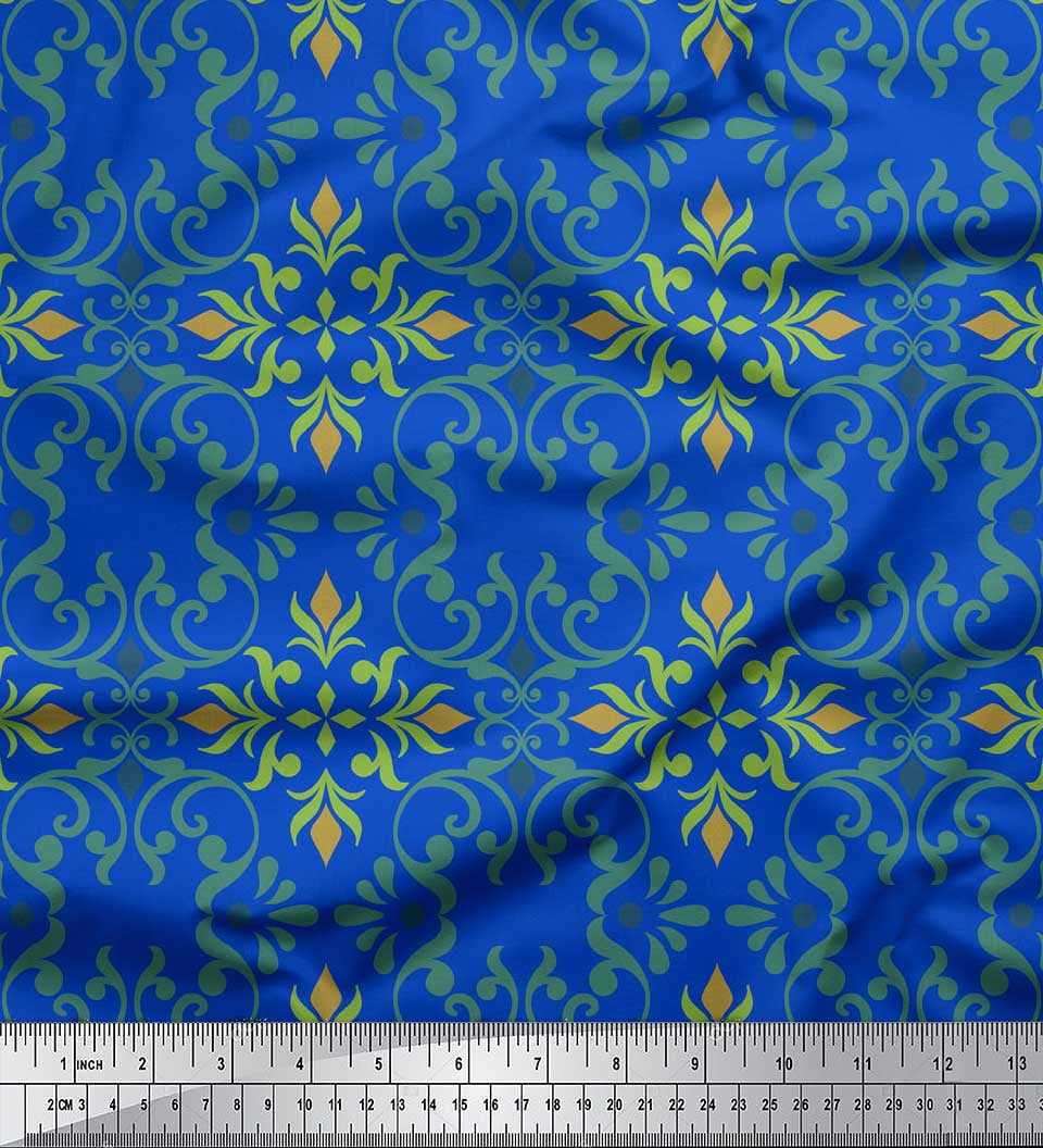 Soimoi Blue Silk Fabric Moroccan Damask Print Fabric by the Yard 42 ...