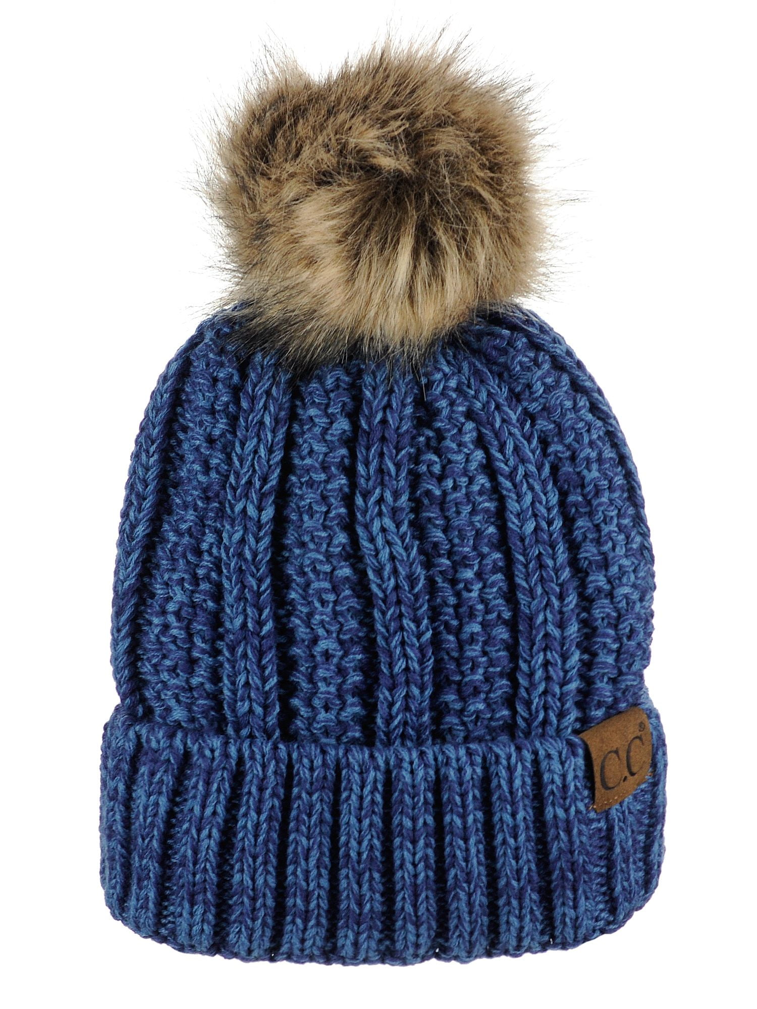 C.C Thick Cable Knit Faux Fuzzy Fur Pom Fleece Lined Skull Cap Cuff ...