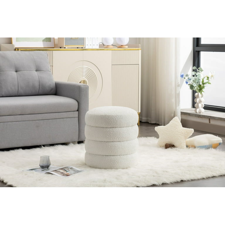 White Boucle Ottoman Stool Seat Round Ottoman with Soft Padded Seat Stool Vanity Chair Upholstered Footrest Stool for Living Room Bedroom Cuddlewood