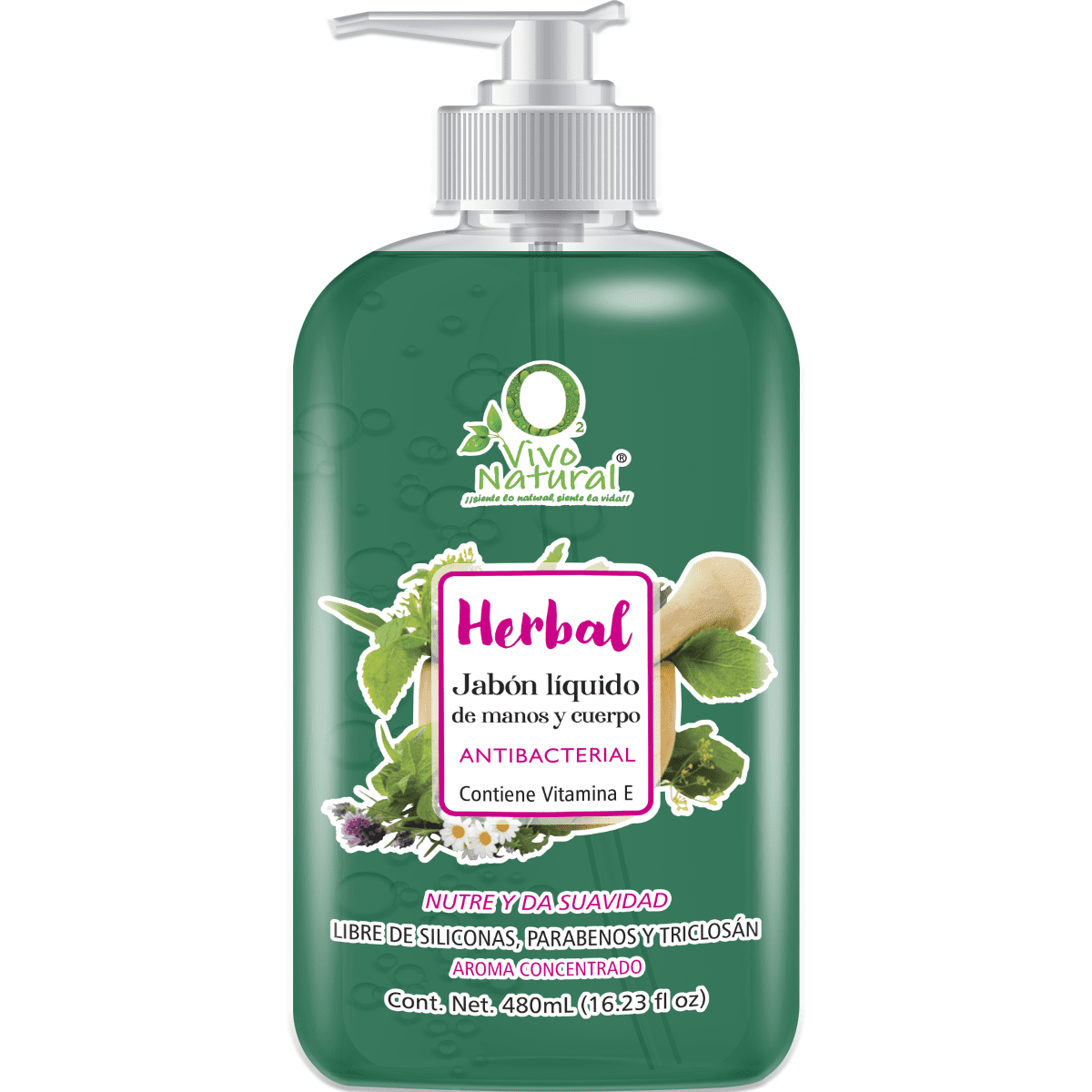 Jabón Líquido Antibacterial VivoNatural para Manos y Cuerpo 480 ml aroma HERBAL con extracto de ...