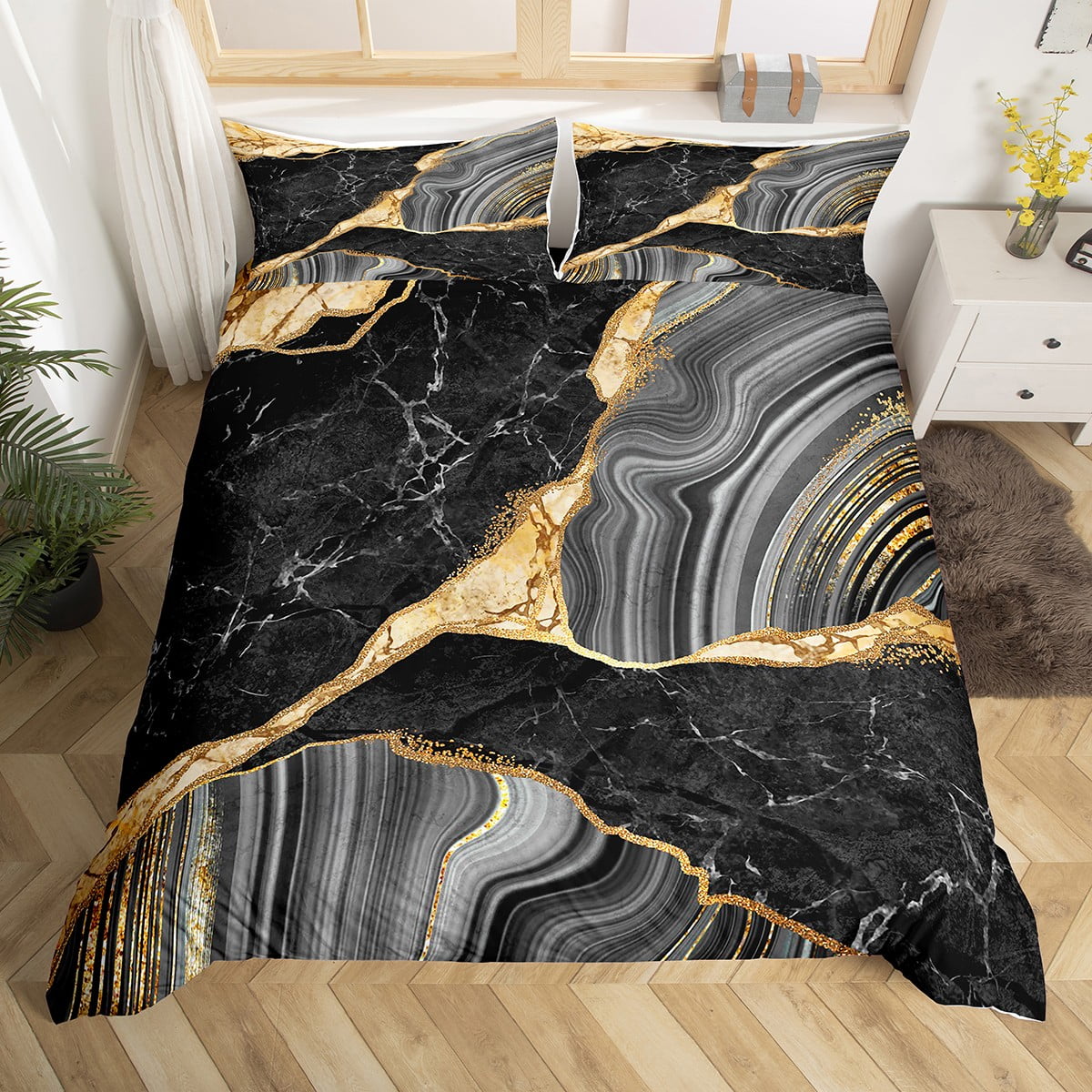 Click here for Yst Black Marble Duvet Cover Set  Queen  Gold Crac... prices