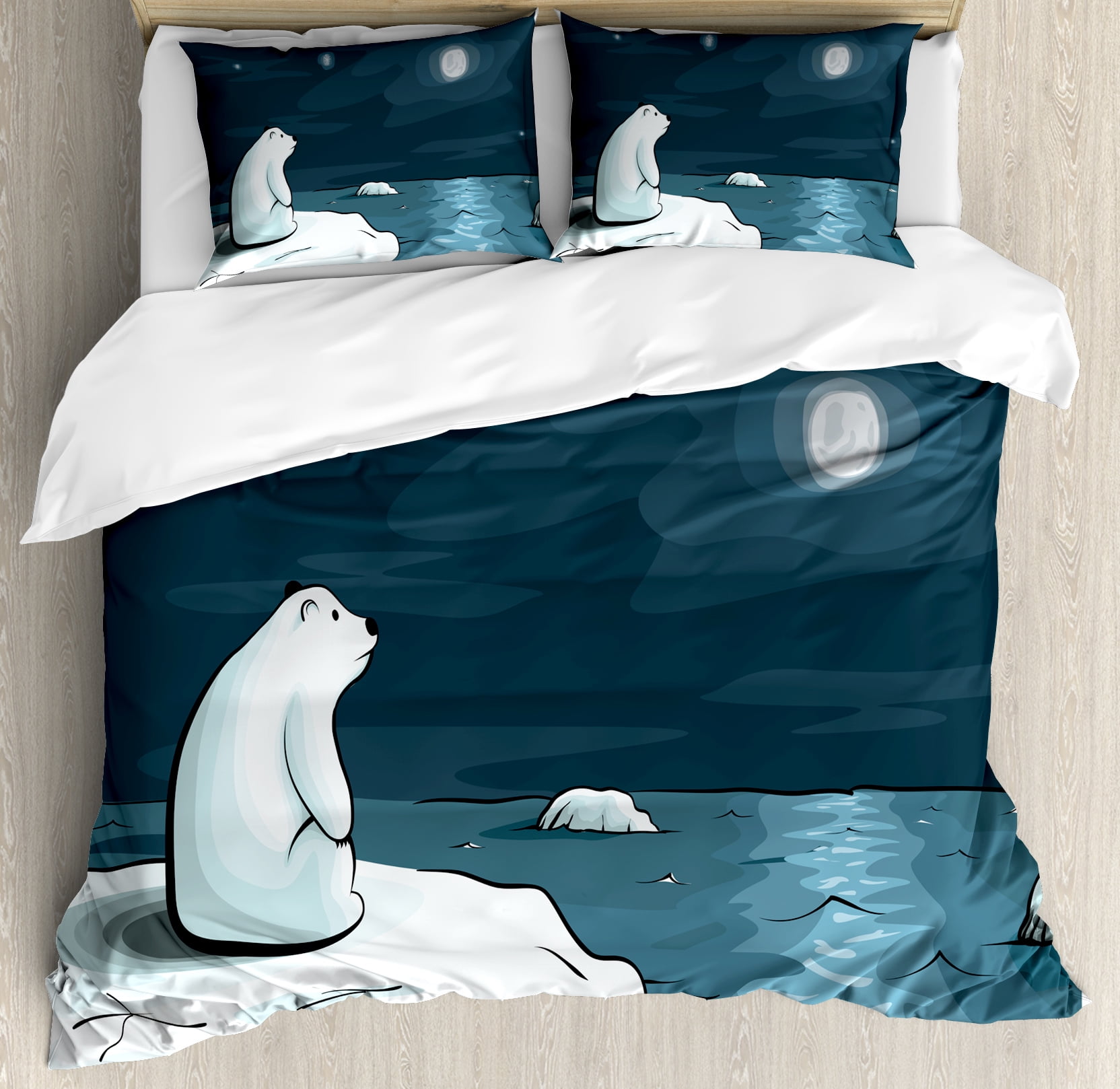 Winter Queen Size Duvet Cover Set, Cartoon Style Hand Drawn Polar Bear ...