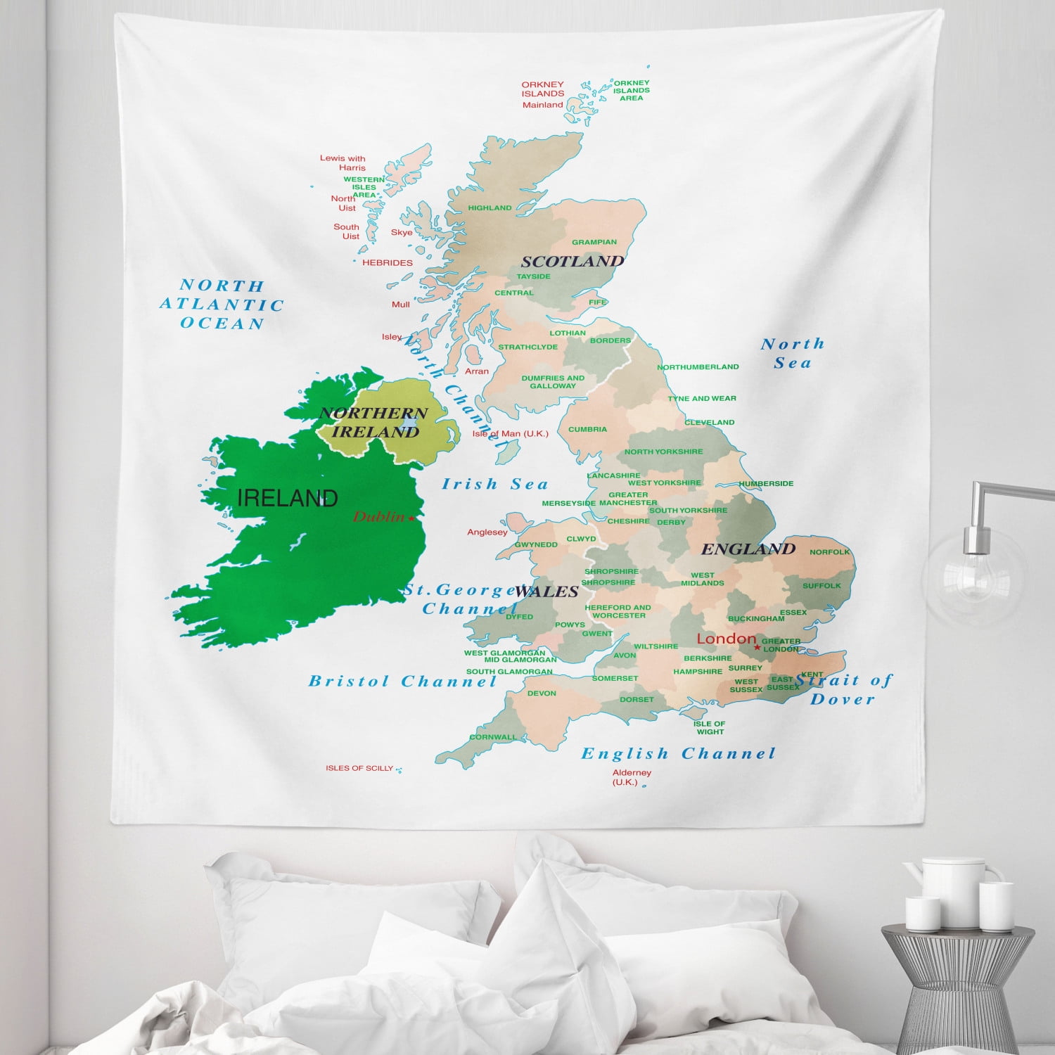 Ireland Map Tapestry, Info-Graphics with Names of Countries and Seas ...