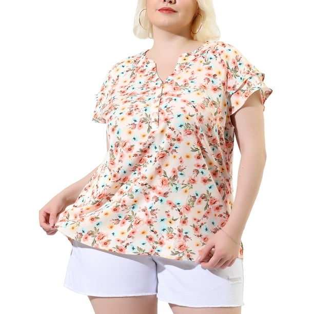 Agnes Orinda Womens Plus Size Retro Floral V Neck Tiered Short Sleeve