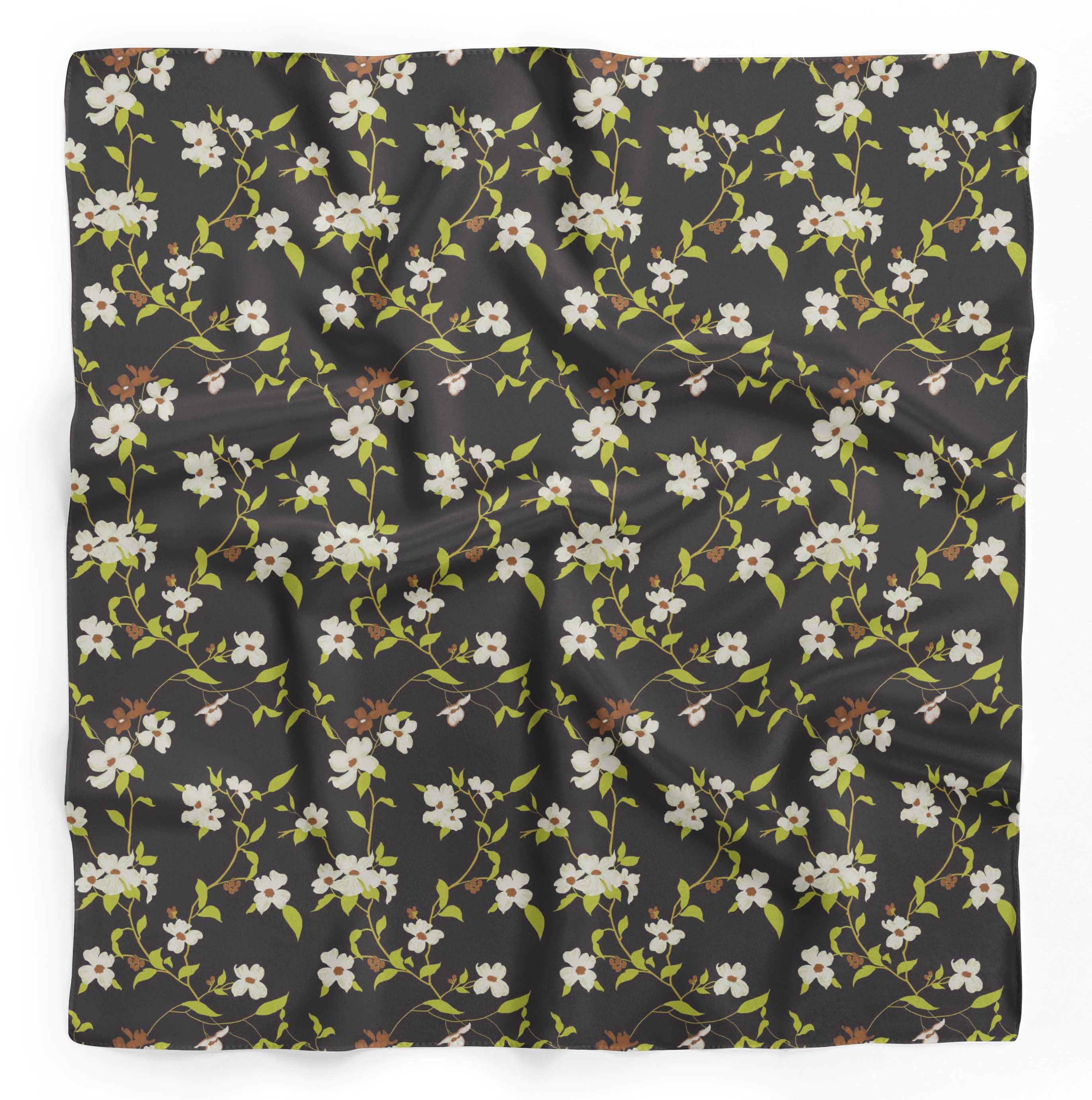Bimba Black Leaves & White Flower Floral Printed Pure Silk Scarf For ...