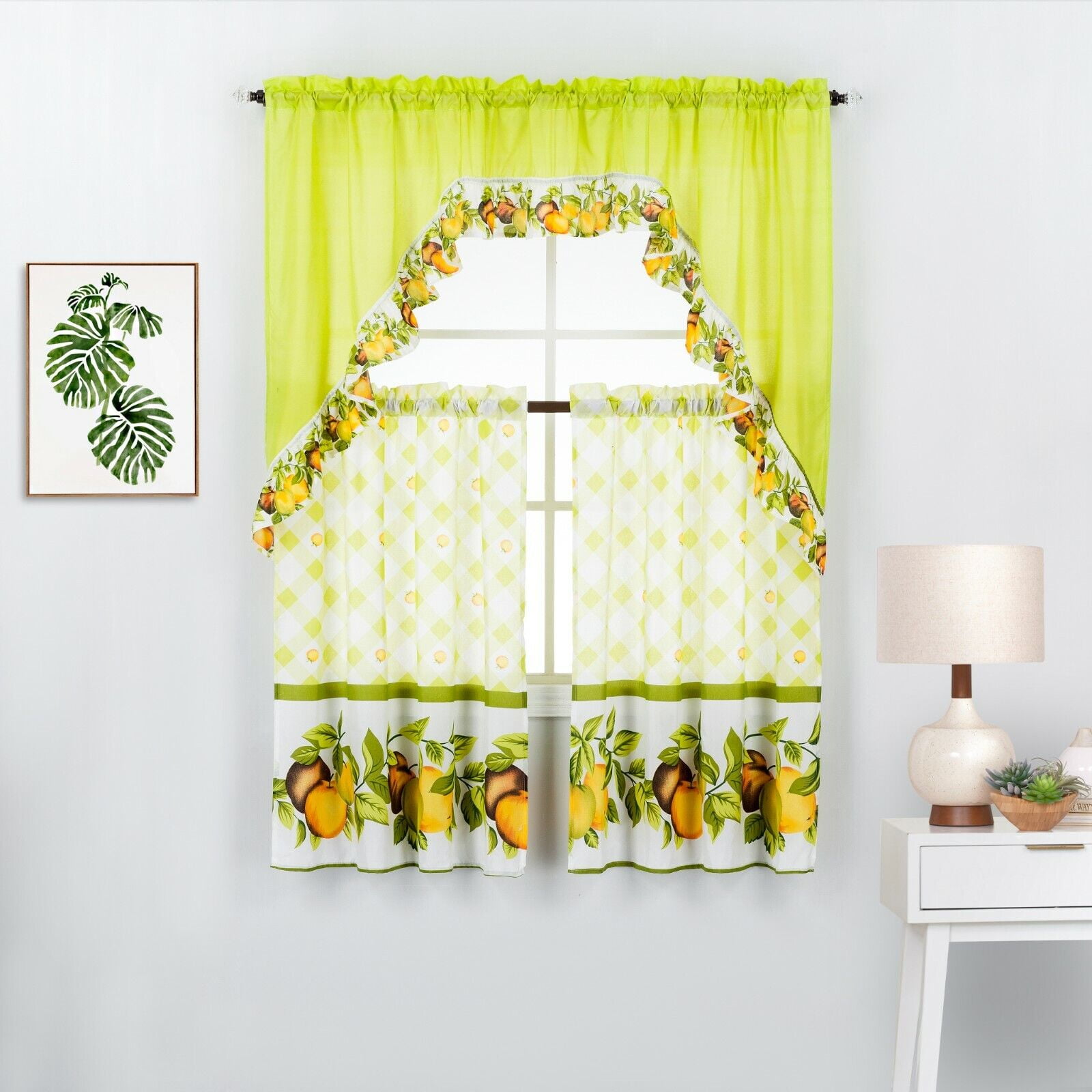 3 Piece Peaches Printed Kitchen Window Curtain Panel Tiers and Swag ...