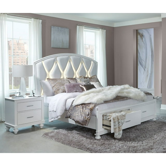 Modern 3pc Bedroom Set LED Light Queen Platform Bed Footboard Drawers ...