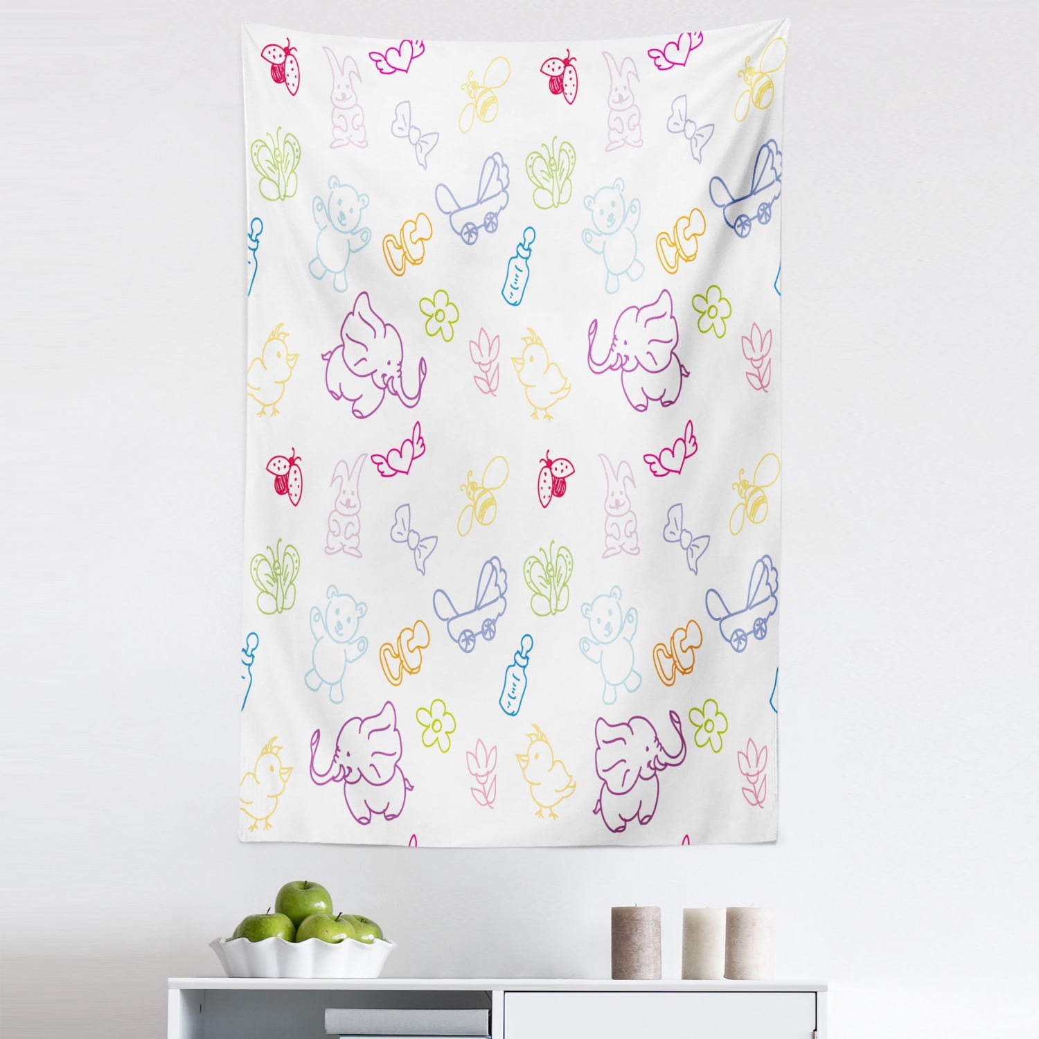 Cartoon Tapestry, Drawing Style Elephants Teddy Bears Flowers ...