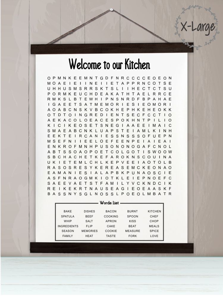 Black Wood, Canvas Sign, Kitchen Decor Word Search Puzzle Art Print ...