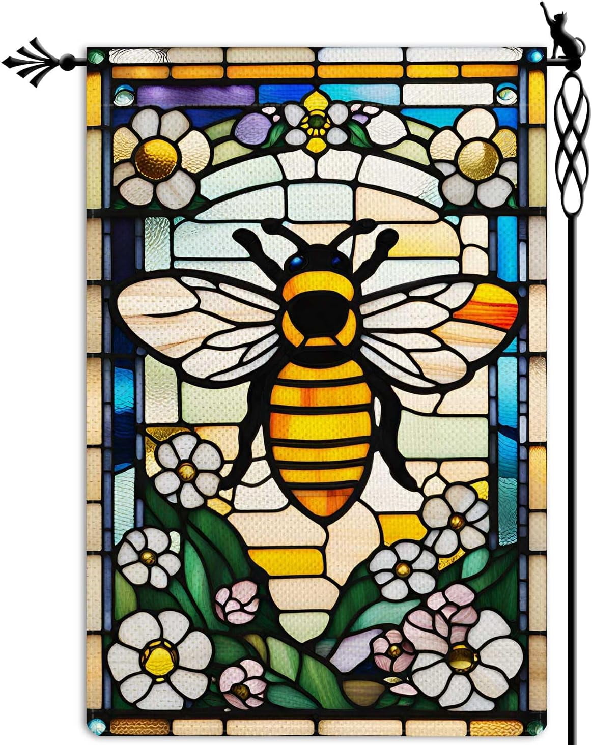 Bandera de jardín con diseño de abeja feliz, flores de primavera y ...