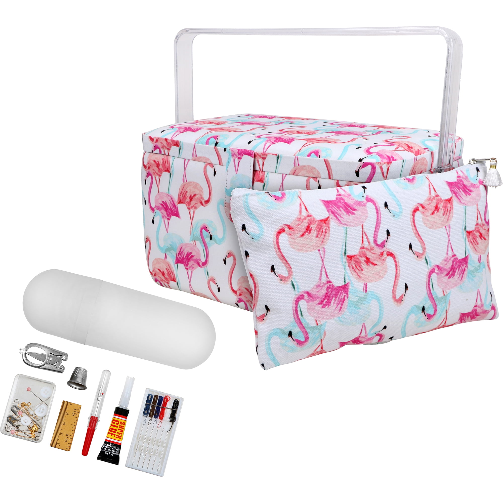 SINGER Large Premium Tackle Sewing Basket Pastel Flamingo Print with ...