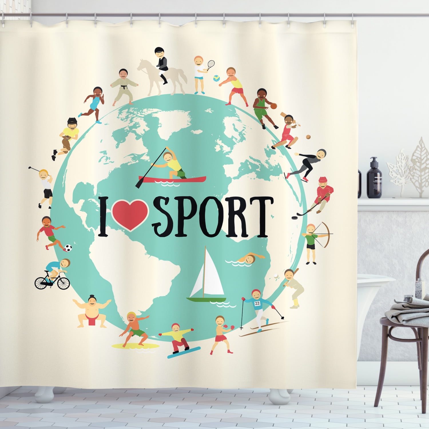 Kids Sports Shower Curtain, I Love Sports Quote on Earth Globe ...