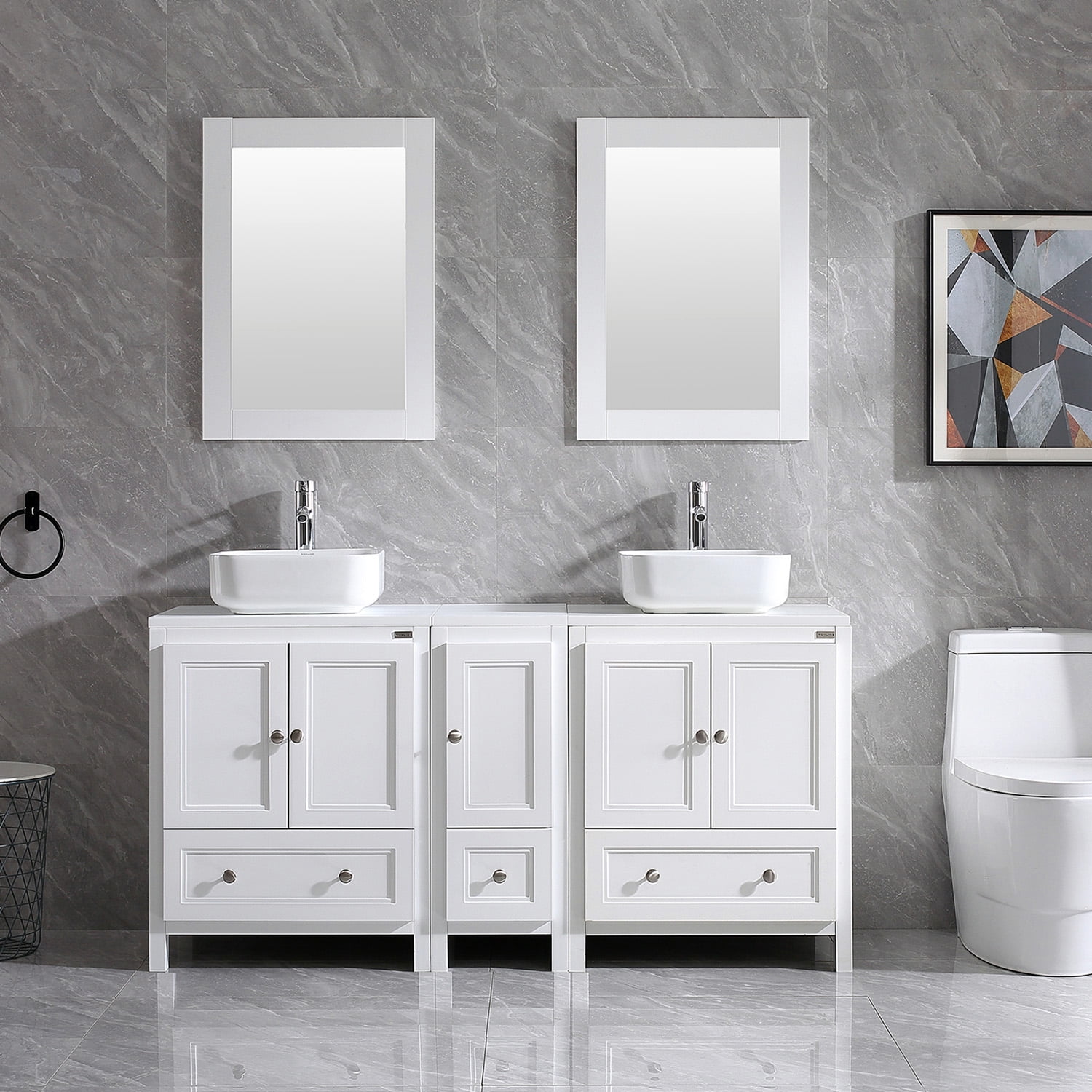 Wonline White Bathroom Vanity Wood Cabinet + Sink & Faucet & Mirror 60 ...