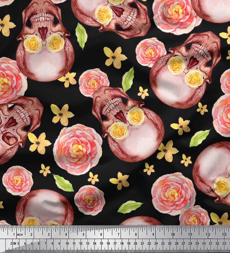 Soimoi Silk Fabric Skull & Begonia Floral Printed Fabric 1 Yard 42 Inch ...