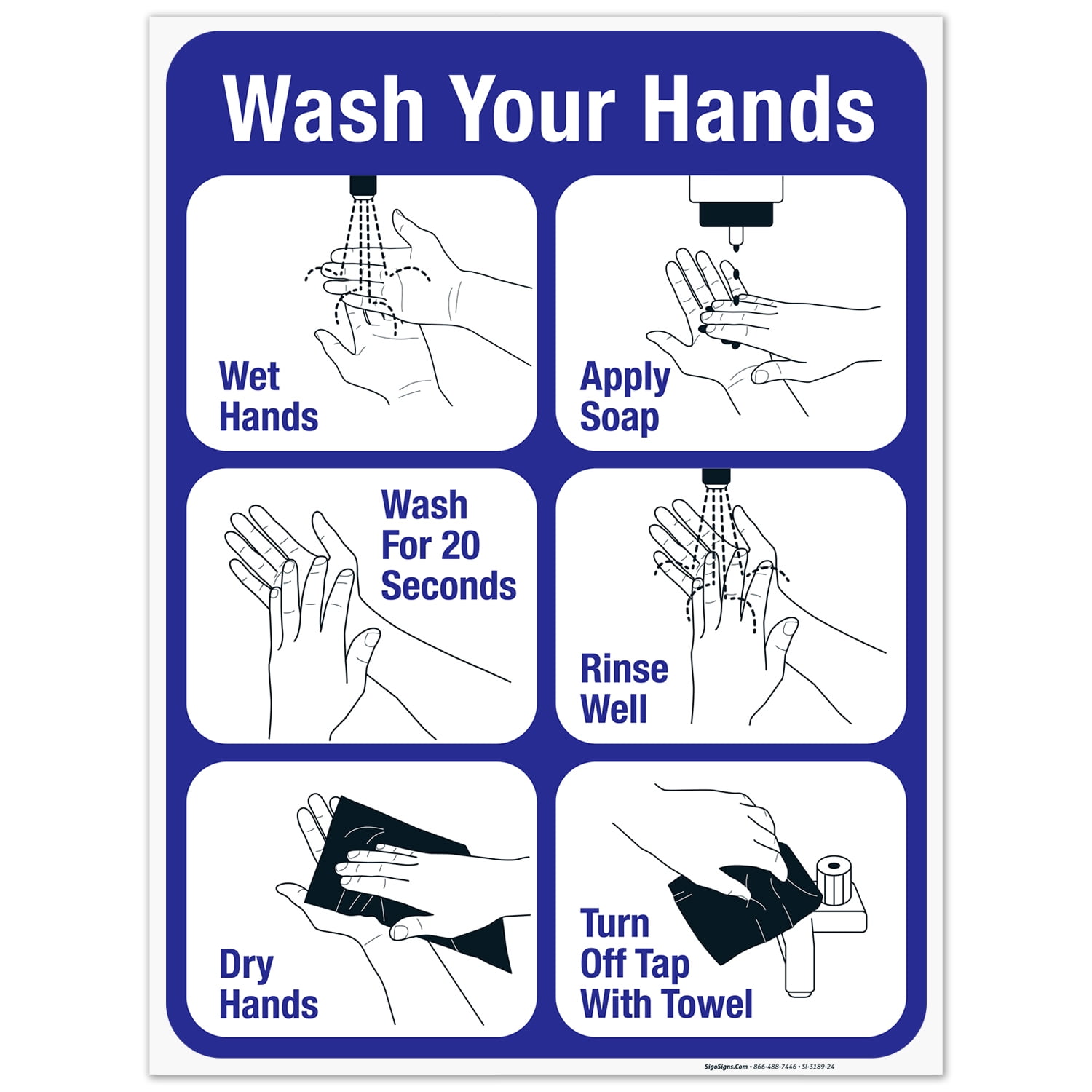 Hand Washing Sign, 6 Steps Hand Washing Sign, 18x24 Corrugated Plastic ...