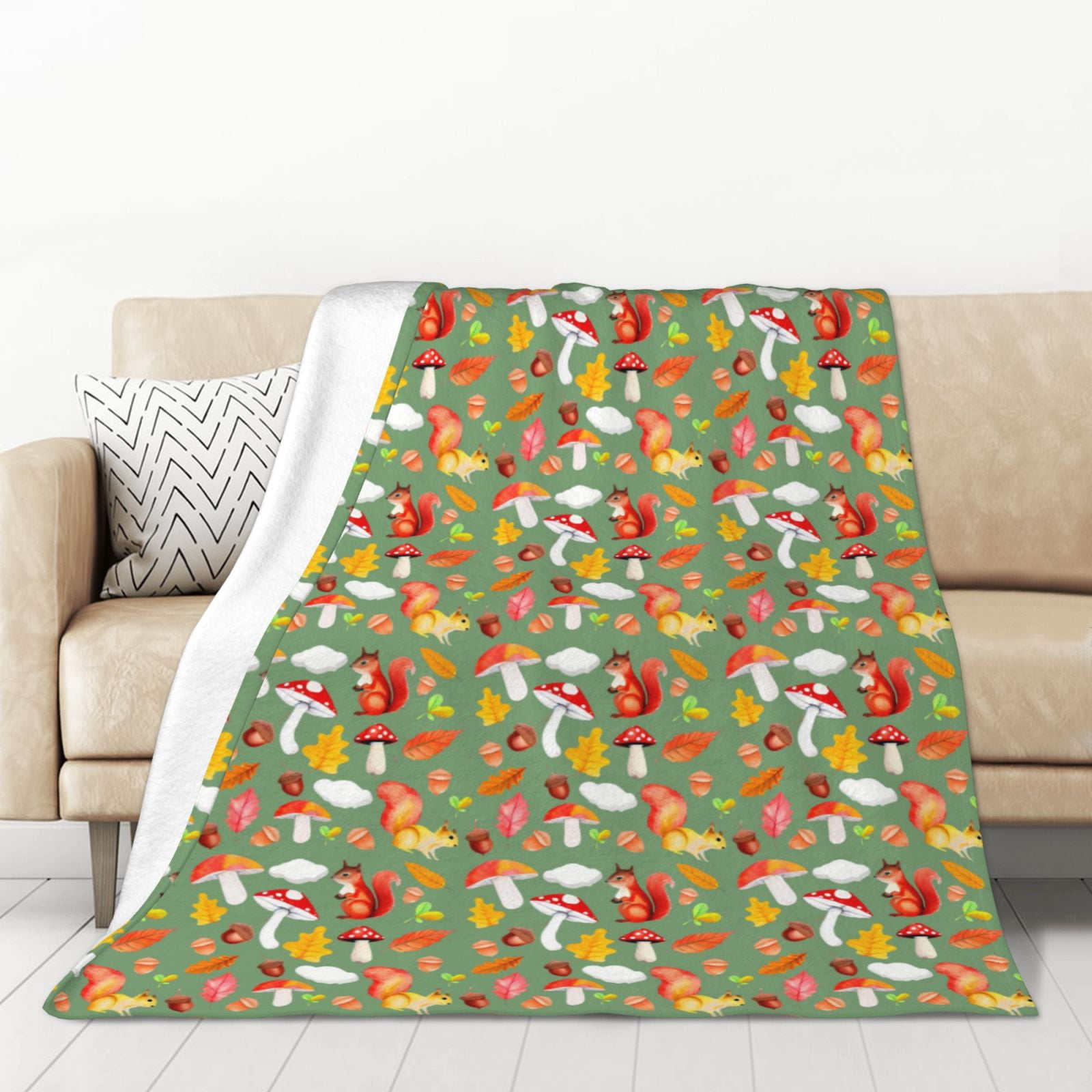 XMXT Throw Blankets, Autumn Mushroom Squirrel Bed Blanket for Bedroom ...