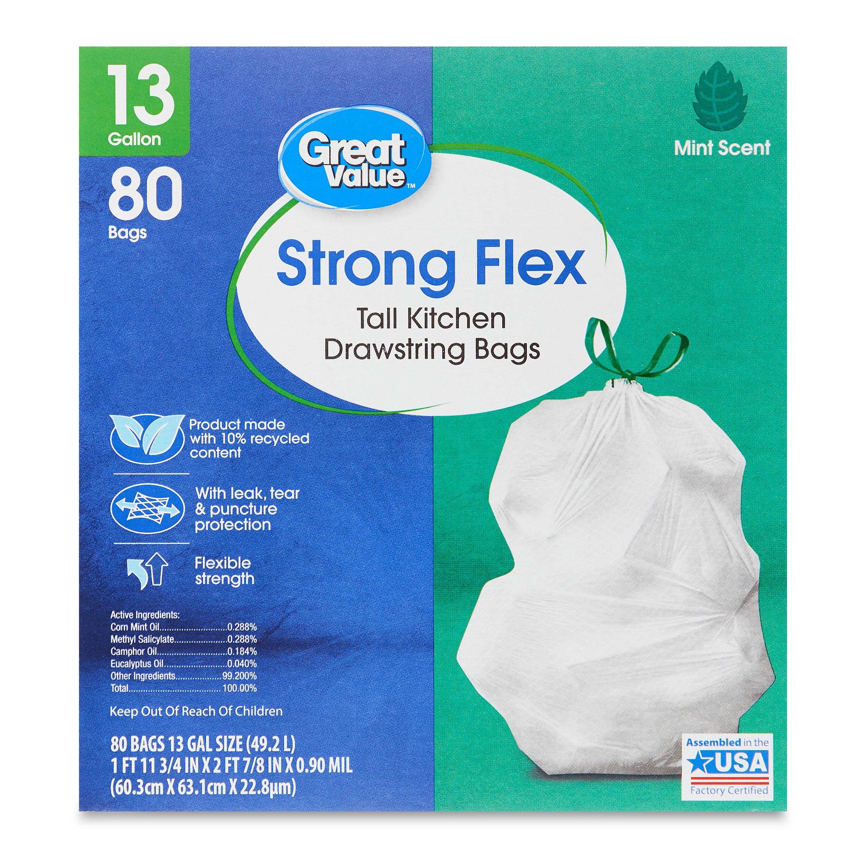 Great Value 13-Gallon Drawstring Strong Flex Tall Kitchen Trash Bags ...