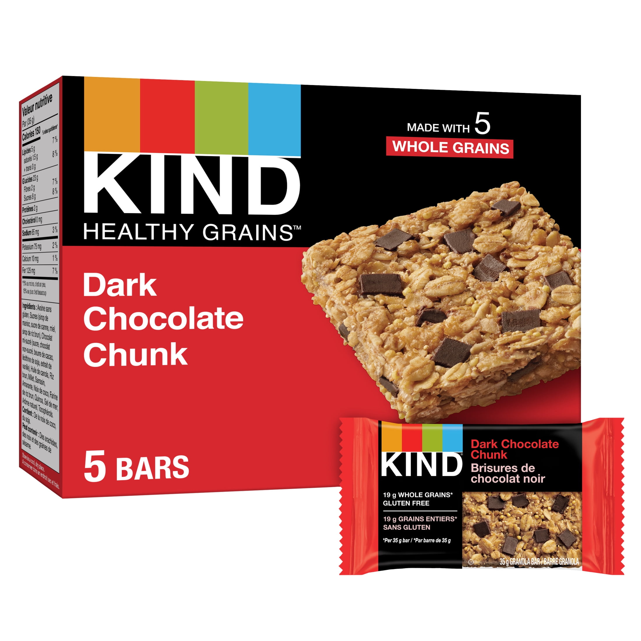 KIND Healthy Grains Bars, Dark Chocolate Chunk, 35g, 5 Count Box, 5 x ...
