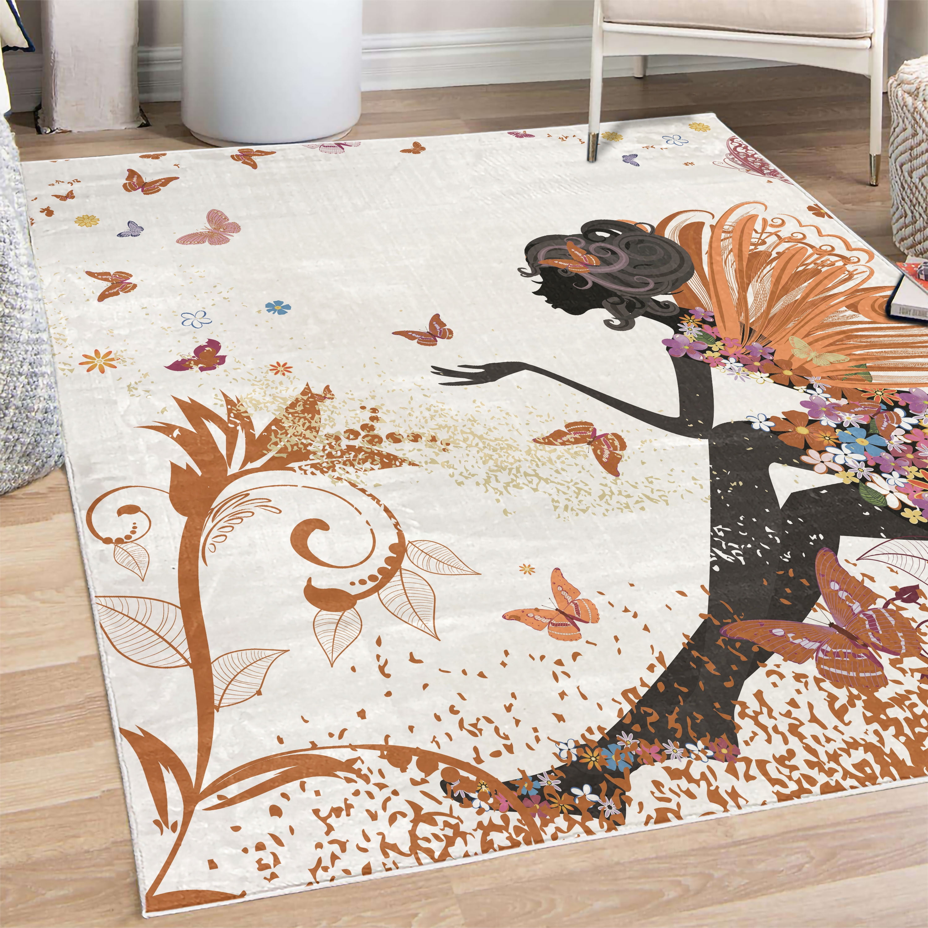 Fantasy Decorative Rug, Spring Girl Wings in a Floral Dress Surreal ...