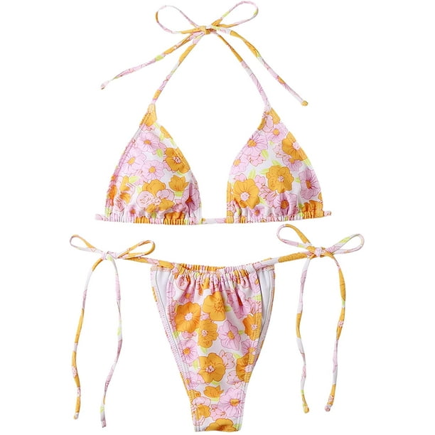 Soly Hux Womens Floral Print Halter Triangle Tie Side Bikini Set Two