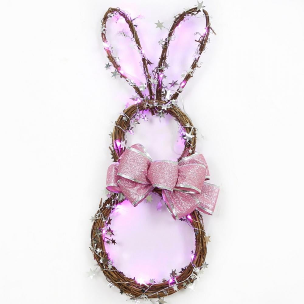 Easter Bunny Wreath Rabbit Wreath with Pink Bow LED Bunny Wreath for ...