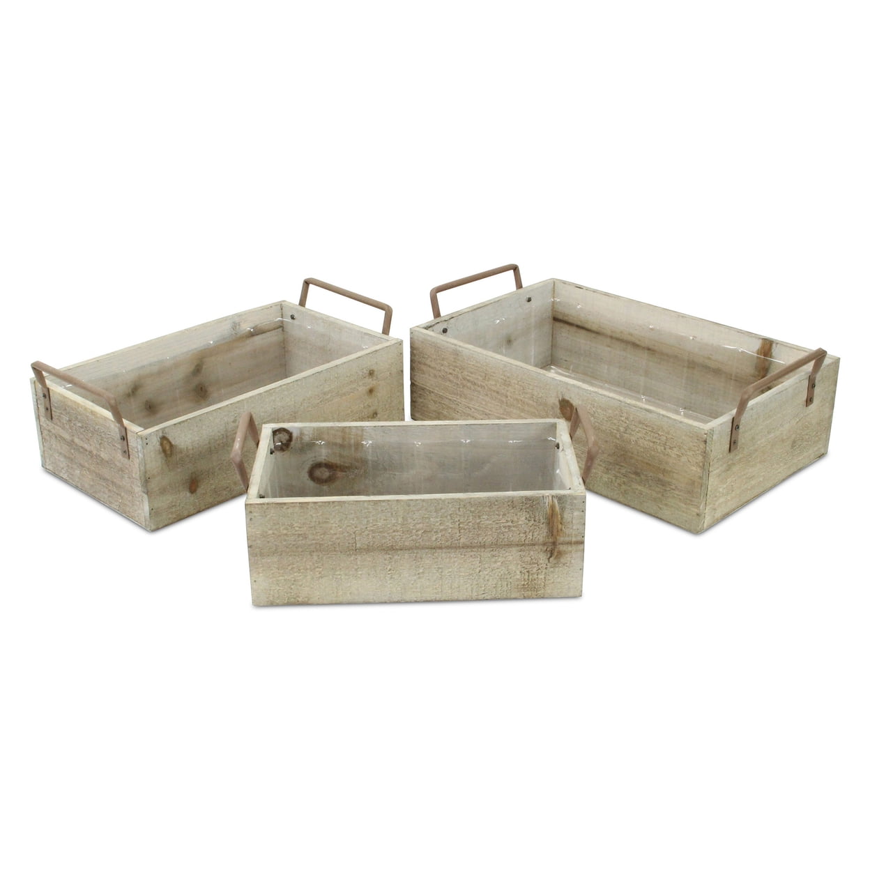 Set Of 3 Brown Wood Grain Rectangular Small Crate with Side Handles ...