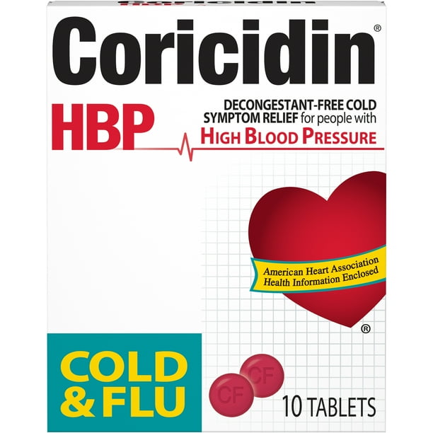 Coricidin HBP, Cold & Flu Relief Tablets, High Blood Pressure, 10 Count ...