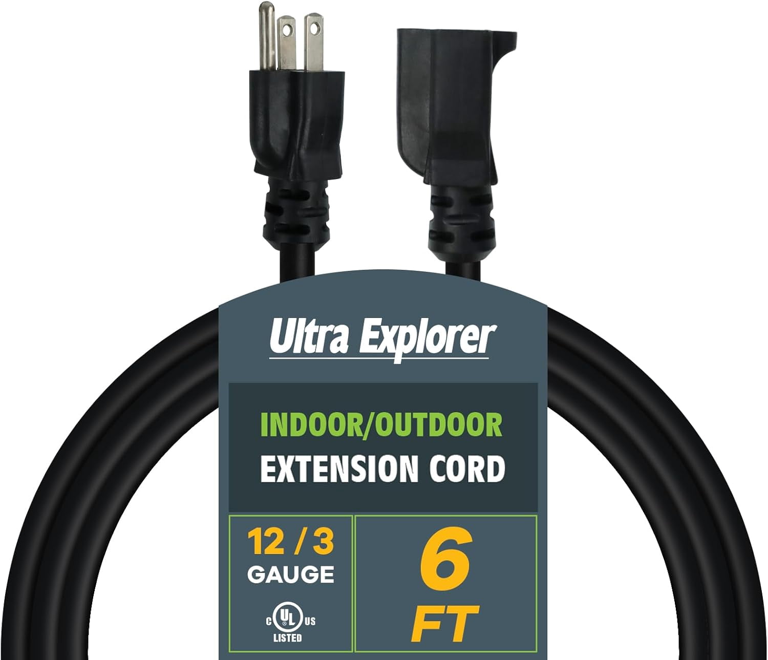 XUCP-Black Indoor Outdoor Extension Cord 6 Ft, 12/3 SJTW Heavy Duty ...