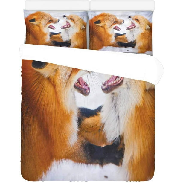 HATIART 3 Piece Bedding Set Red Foxes Winter Twin Size Duvet Cover with ...