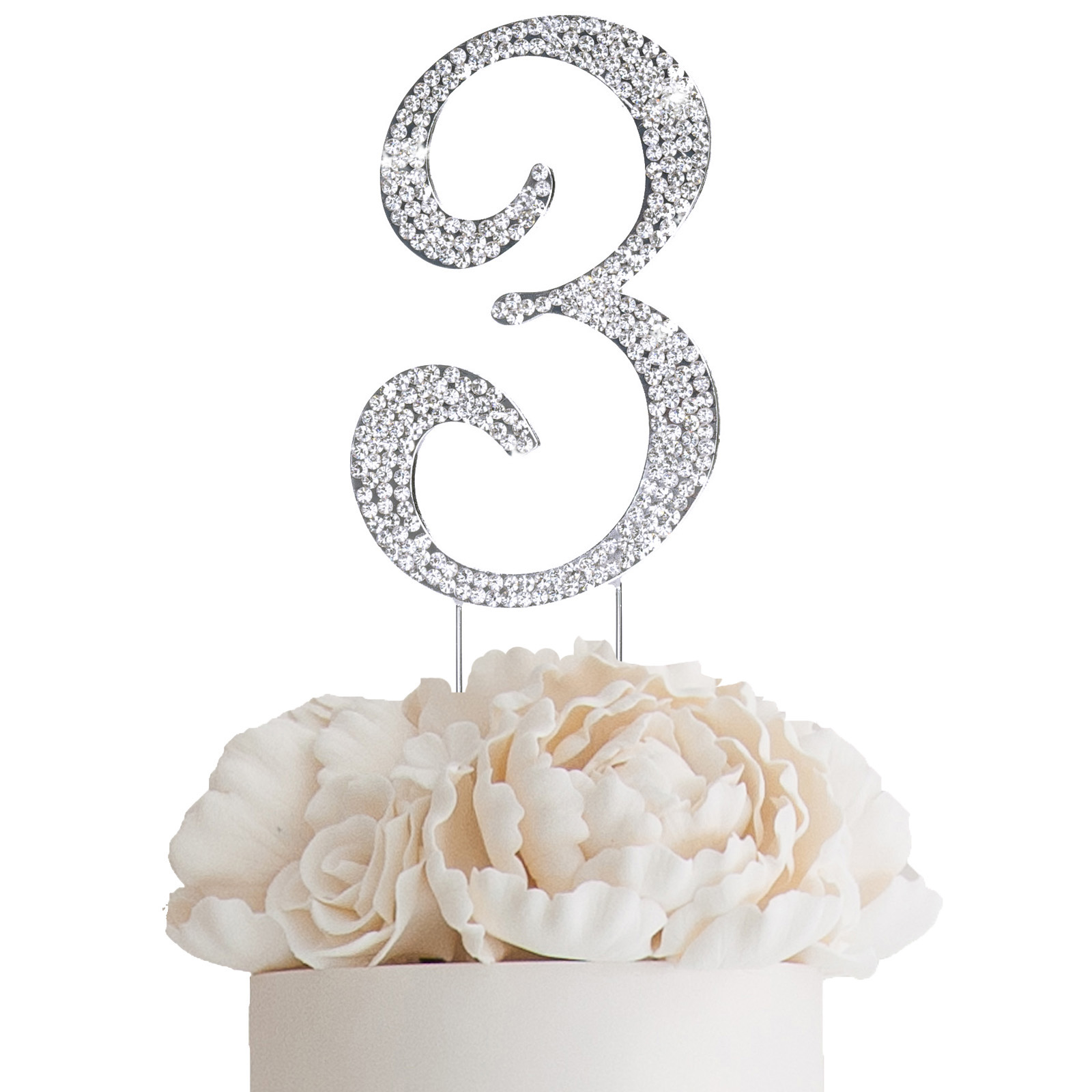 BalsaCircle Number 3 Cake Topper 4.5" Silver Rhinestone Personalized ...