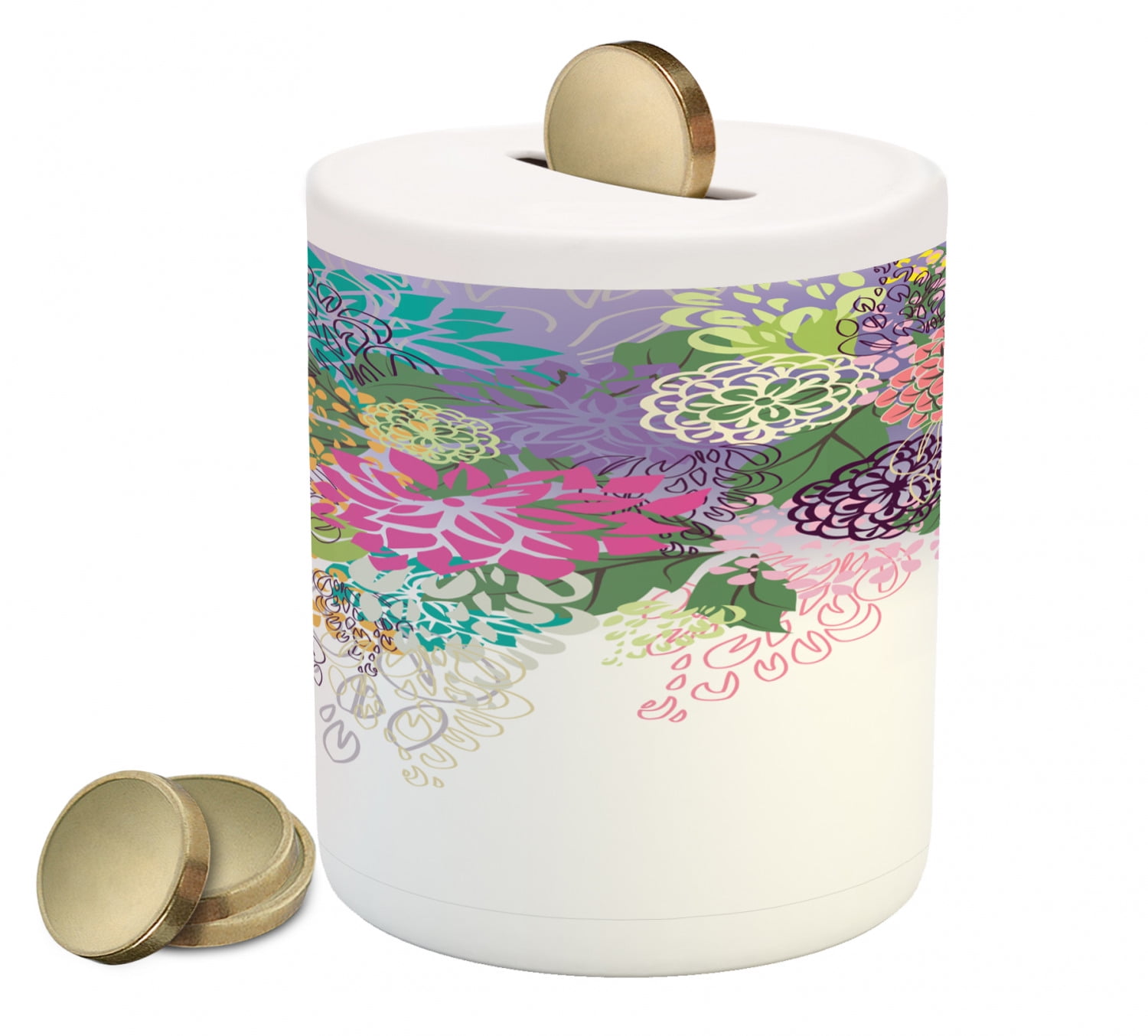 Flower Piggy Bank, Hand Drawn Style Graphic Floral Print Nature ...