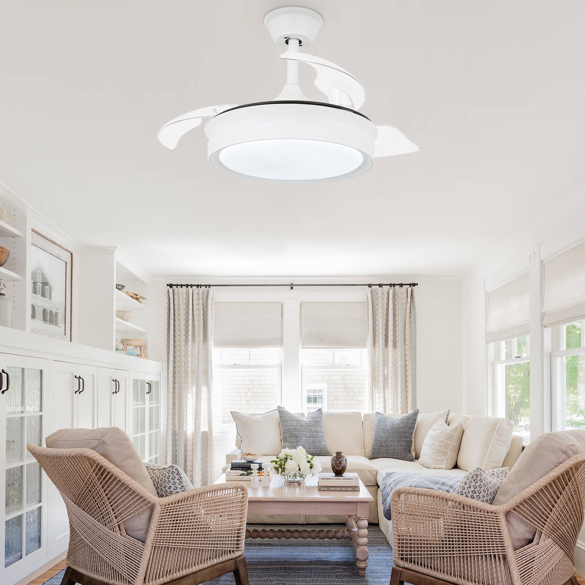 36" Modern Invisible Indoor Ceiling Fan with LED Light Remote Control 6 ...