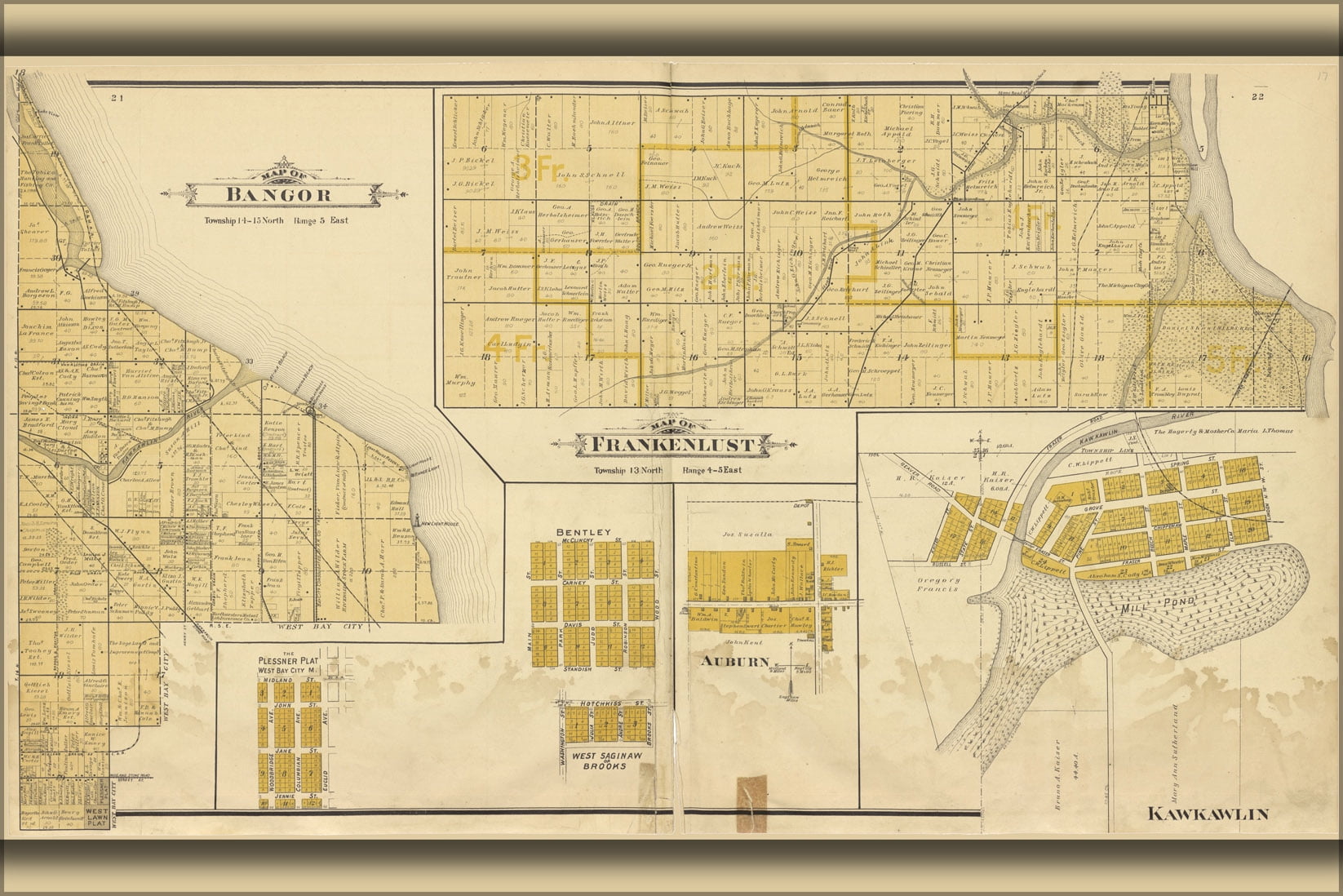 24"x36" Gallery Poster, map of Bangor Frankenlust Kawkawlin michigan ...