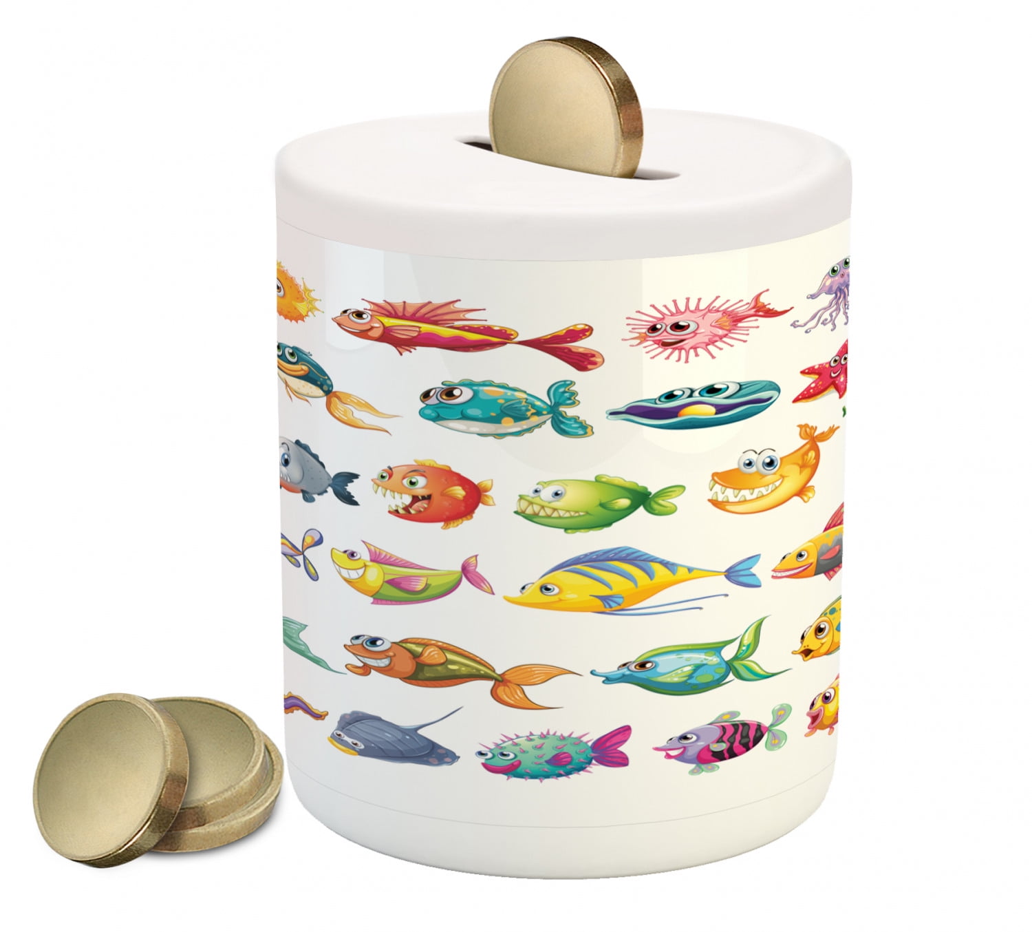 Fish Piggy Bank, Composition of Sea Creatures Cartoon Style Vivid ...
