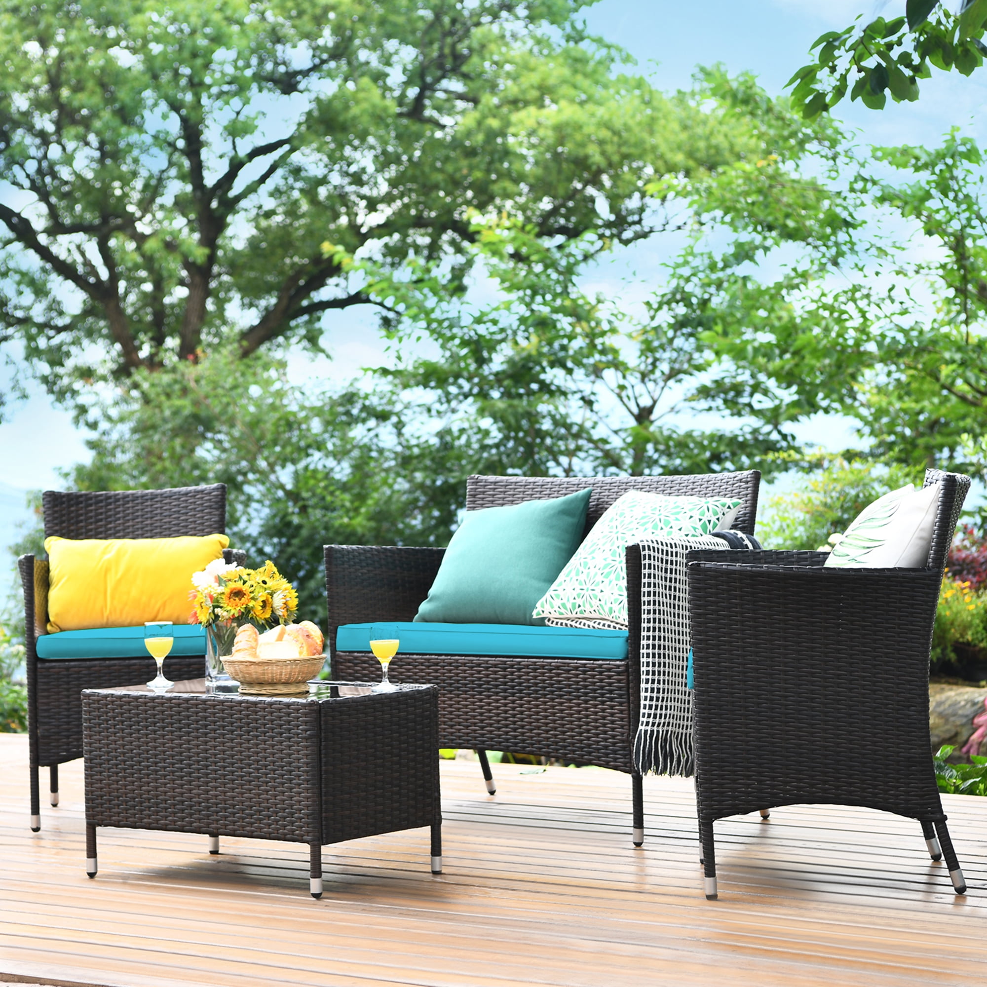 Gymax 4pcs Patio Rattan Conversation Furniture Set Outdoor W Turquoise