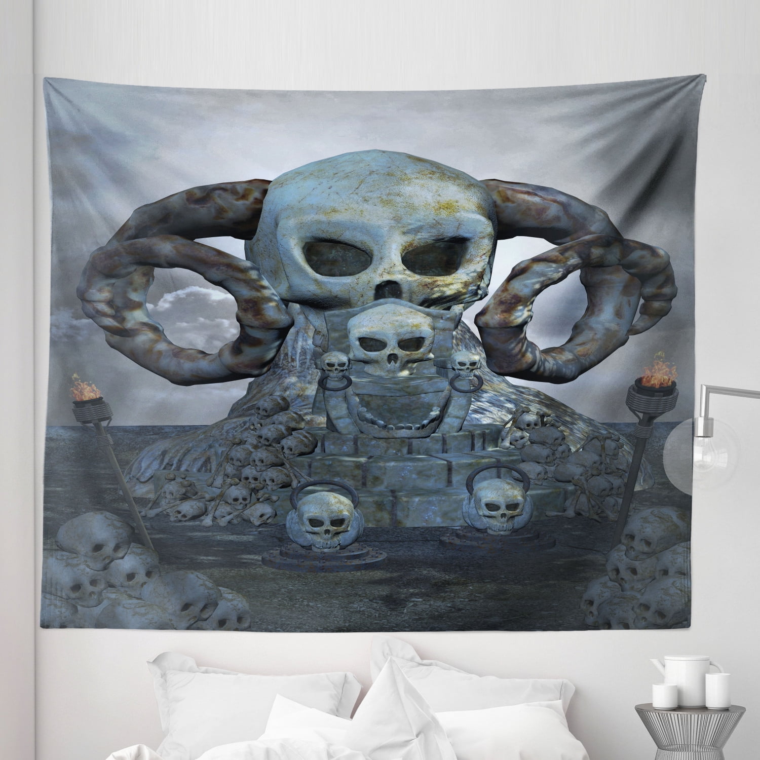 Skull Tapestry, Spooky Scary with Many Skulls Horns and Torches Graves ...