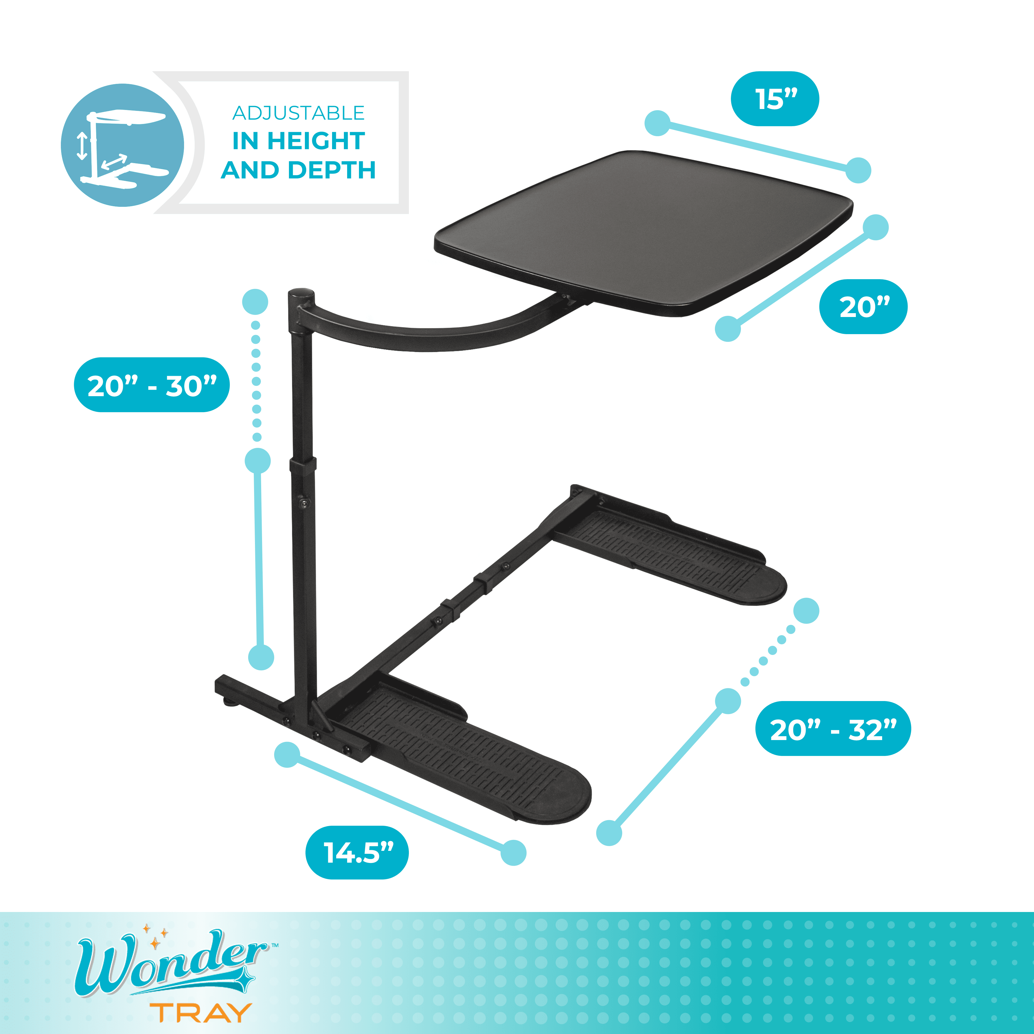 Stander Wonder Tray Adjustable Swivel TV Tray Table Large Laptop Stand Couch Desk Side Table Gaming Desk Tray for Eating on Couches Chairs Recliners Black Base with Black Tray