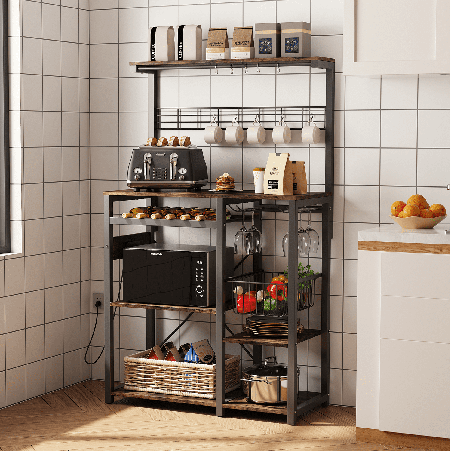 Behost Pantry Cart Coffee Bar Station with Storage Vintage Brown Kitchen Island Baker Rack Walmart