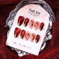 Burgundy Cat Eye Press on Nails, Medium Almond Glossy False Nails with ...